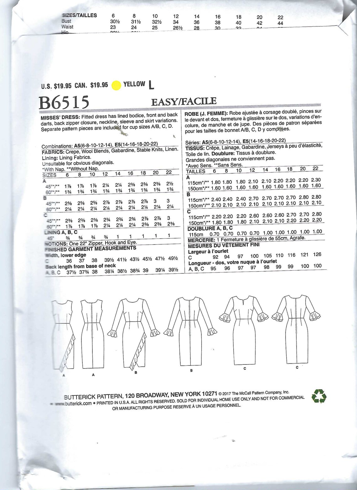 Uncut butterick Sewing Pattern 6515 Misses' Dress with | Etsy