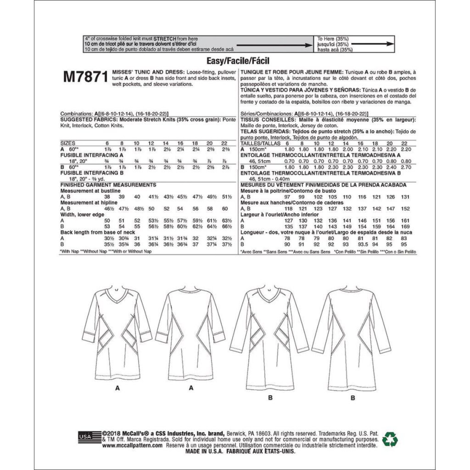 Uncut Mccalls 7871 Sewing Pattern Misses Knit Tunic and Dress - Etsy