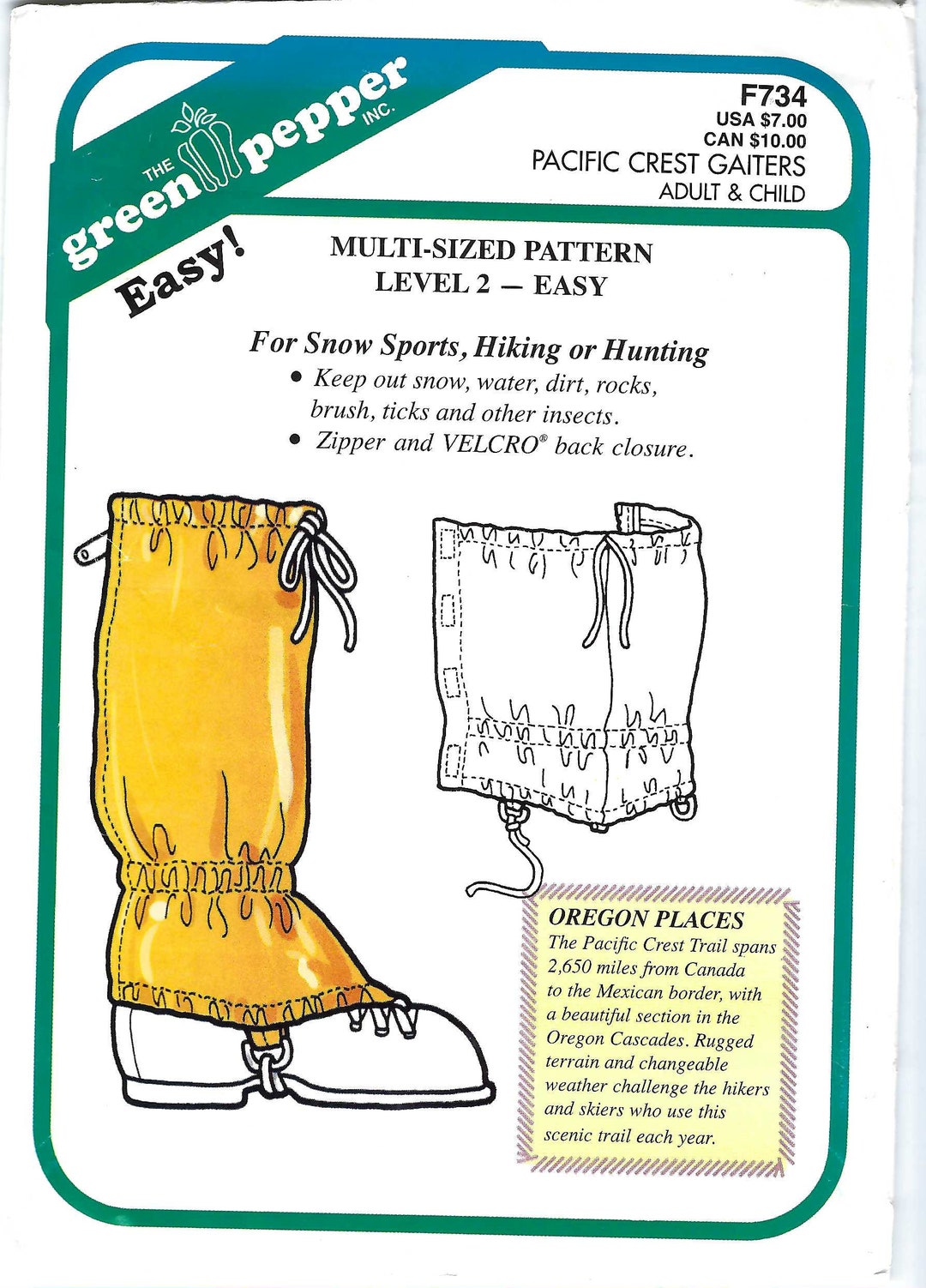 Uncut Green Pepper Sewing Pattern 734 Pacific Crest Gaiters Adult and ...