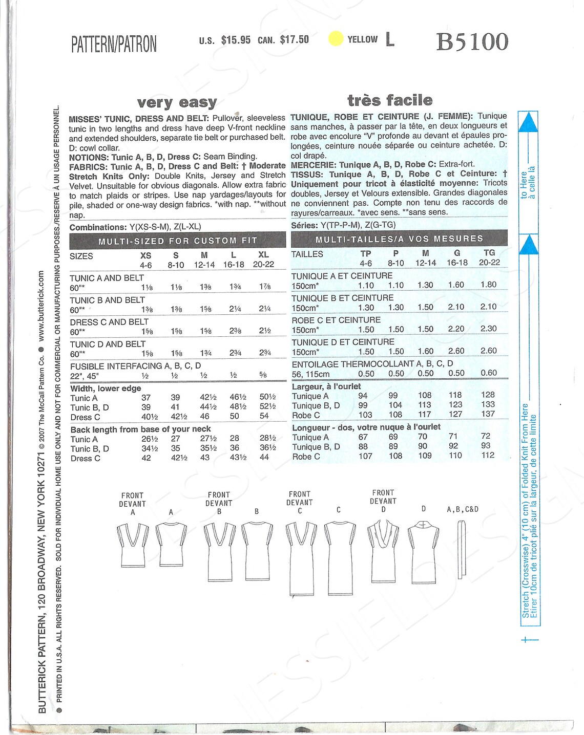 Uncut Butterick Sewing Pattern 5100 Stretch Knit Deep V Neck - Etsy
