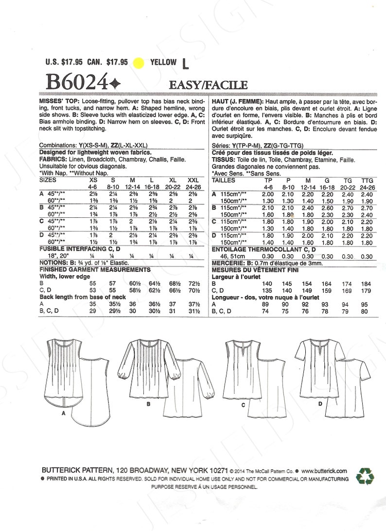 Uncut Butterick Sewing Pattern B6024 6024 Misses' - Etsy