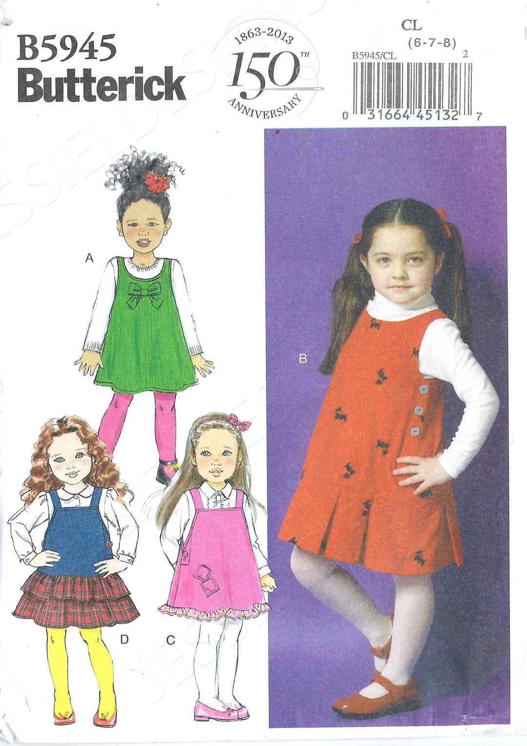 Uncut BUTTERICK Sewing PATTERNS 5945 Girl's Pullover Jumper Dress W ...
