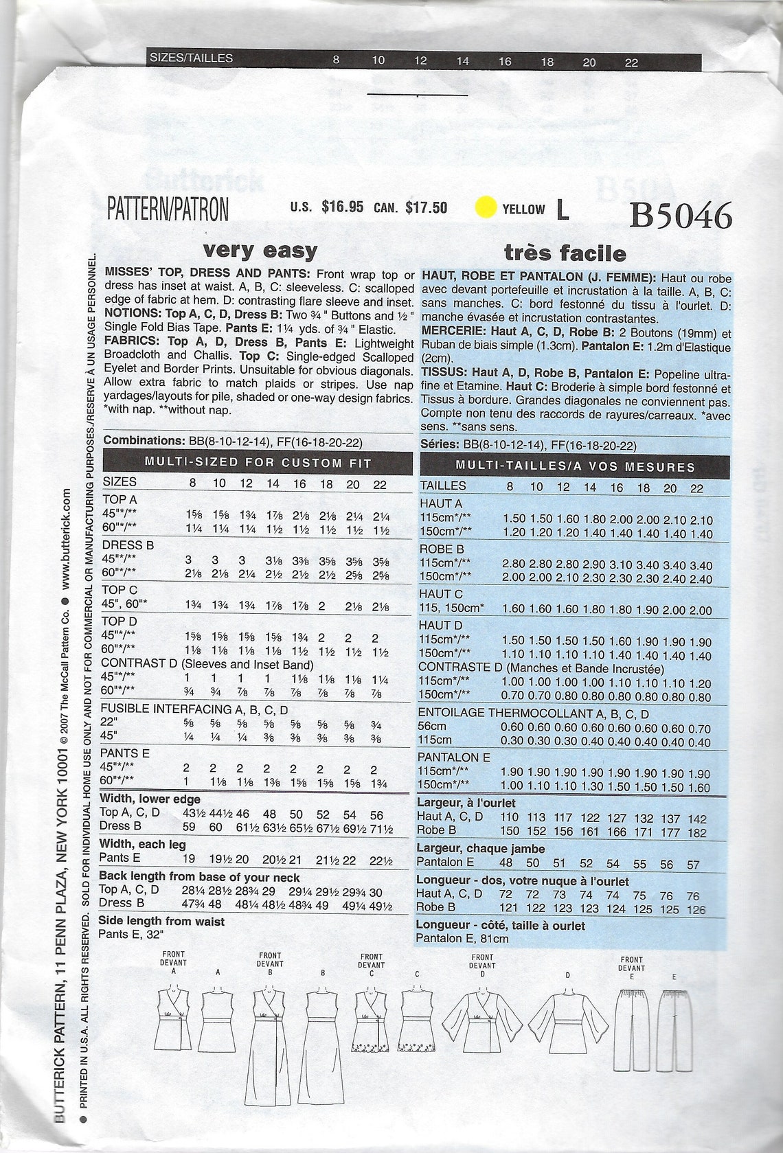 Uncut Butterick Sewing Pattern 5046 Misses' Top Dress and - Etsy