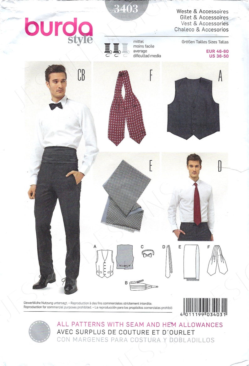 Uncut Burda Sewing Pattern 3403 Sewing Pattern for Men Vest - Etsy
