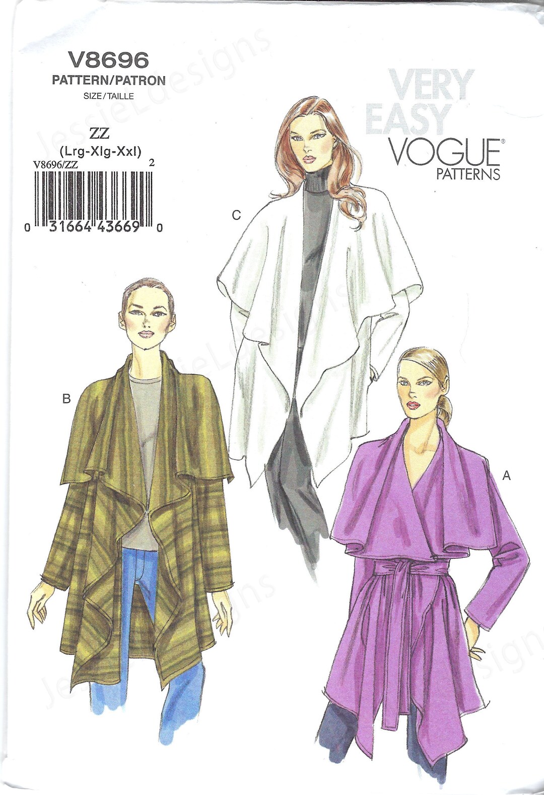 Uncut Vogue Sewing Pattern 8696 Waterfall Jacket / Cardigan Size XS-M L ...