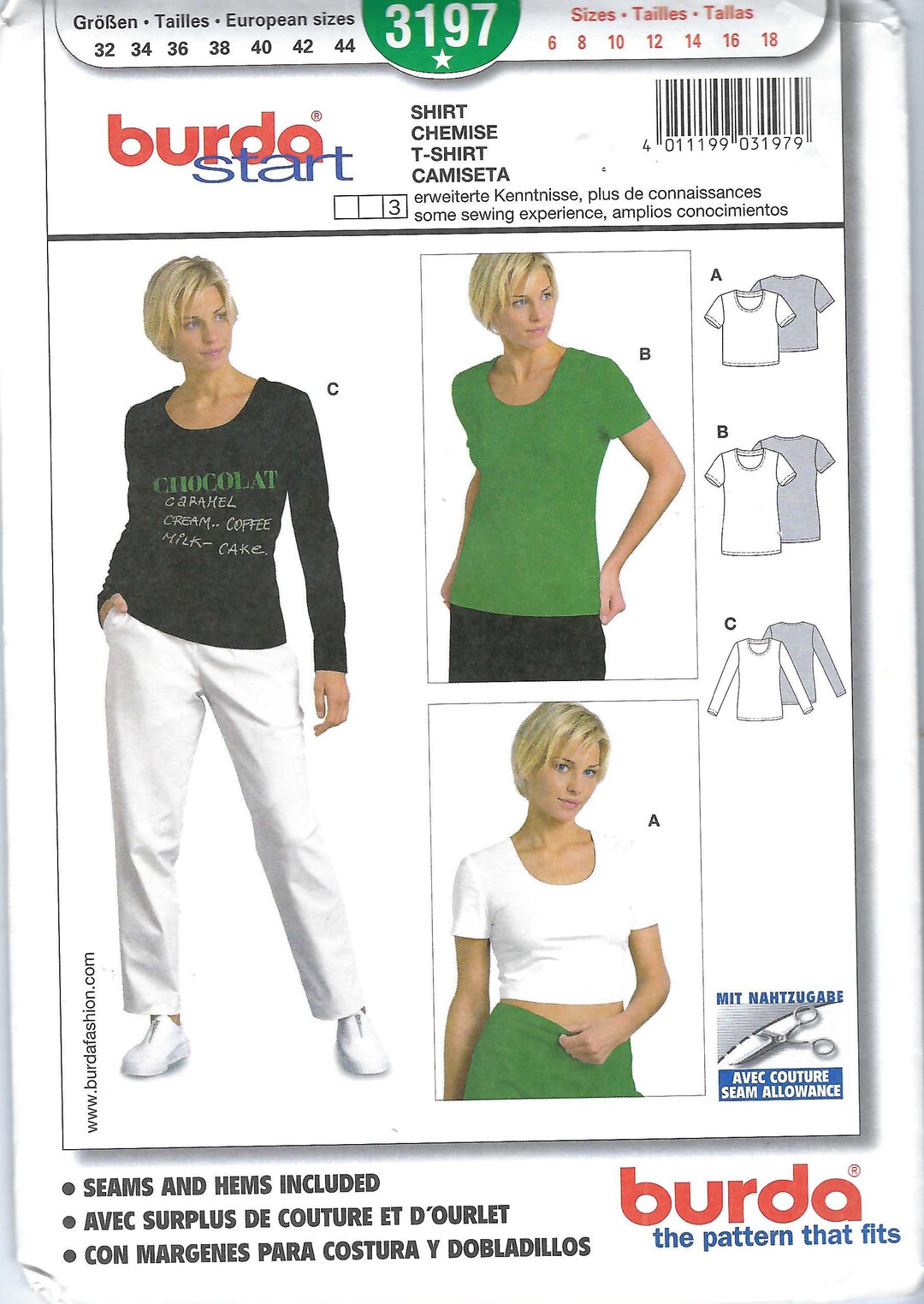 Uncut Burda Pattern Sewing Pattern 3197, Misses Tops Shirt, Sizes (6-18 ...