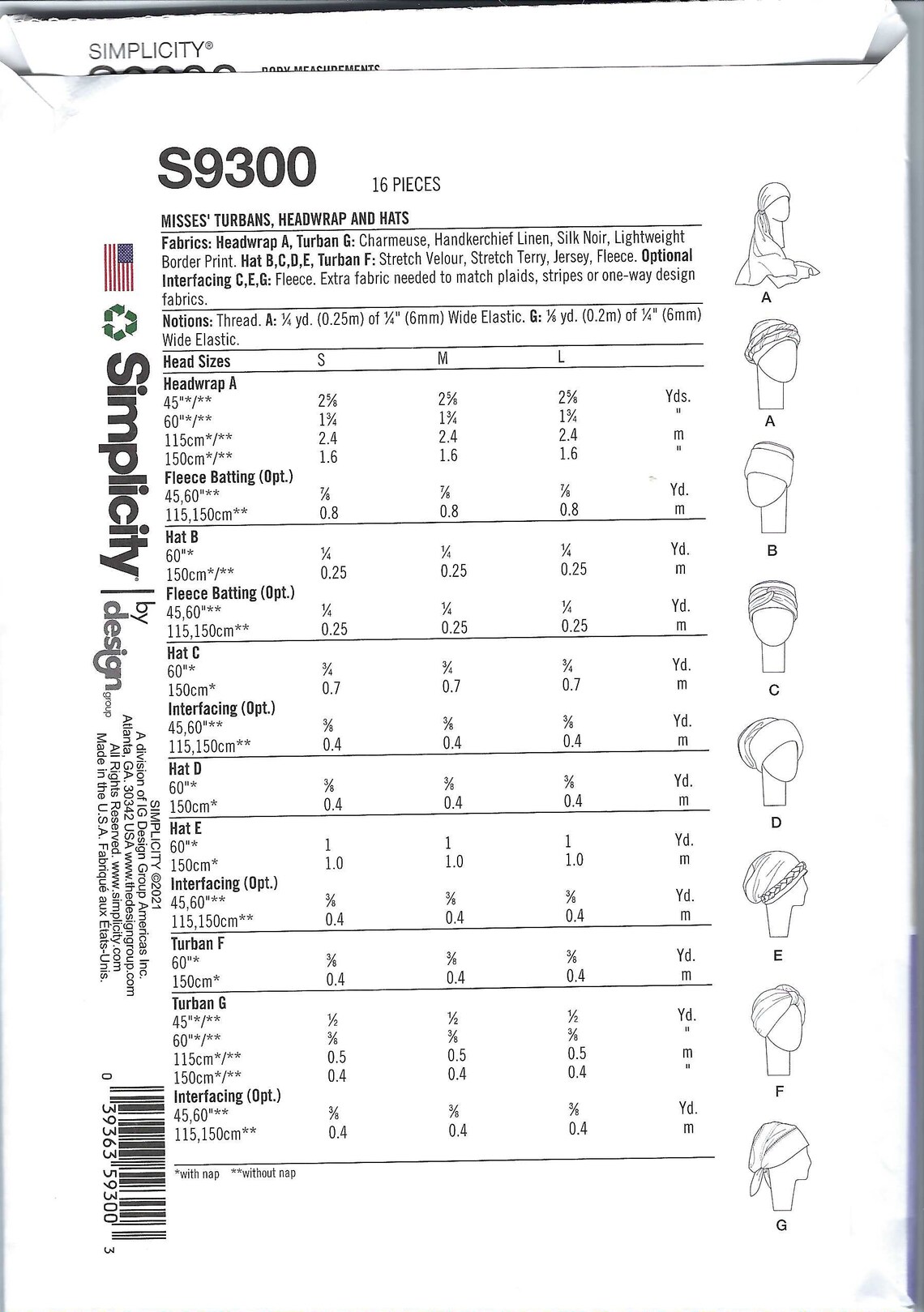 Uncut Simplicity Sewing Pattern 9300 Misses' Turbans, Headwraps & Hats ...