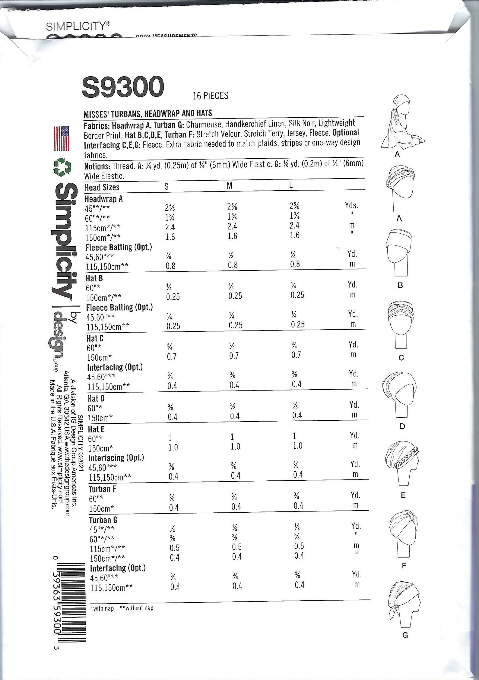 Uncut Simplicity Sewing Pattern 9300 Misses' Turbans, Headwraps & Hats ...
