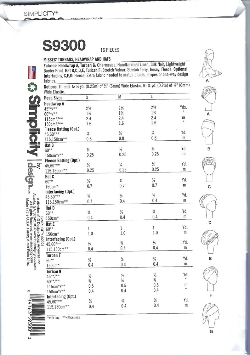 Uncut Simplicity Sewing Pattern 9300 Misses' Turbans, Headwraps & Hats ...