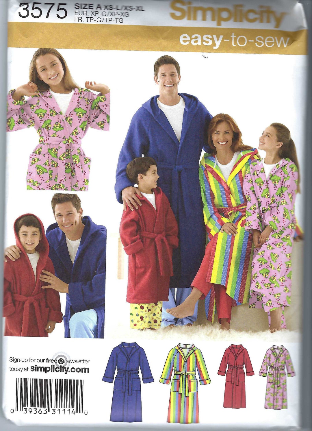 Uncut Simplicity Sewing Pattern 3575 Unisex Child, Teen and Adult Robe With Hood, Patch Pockets ...