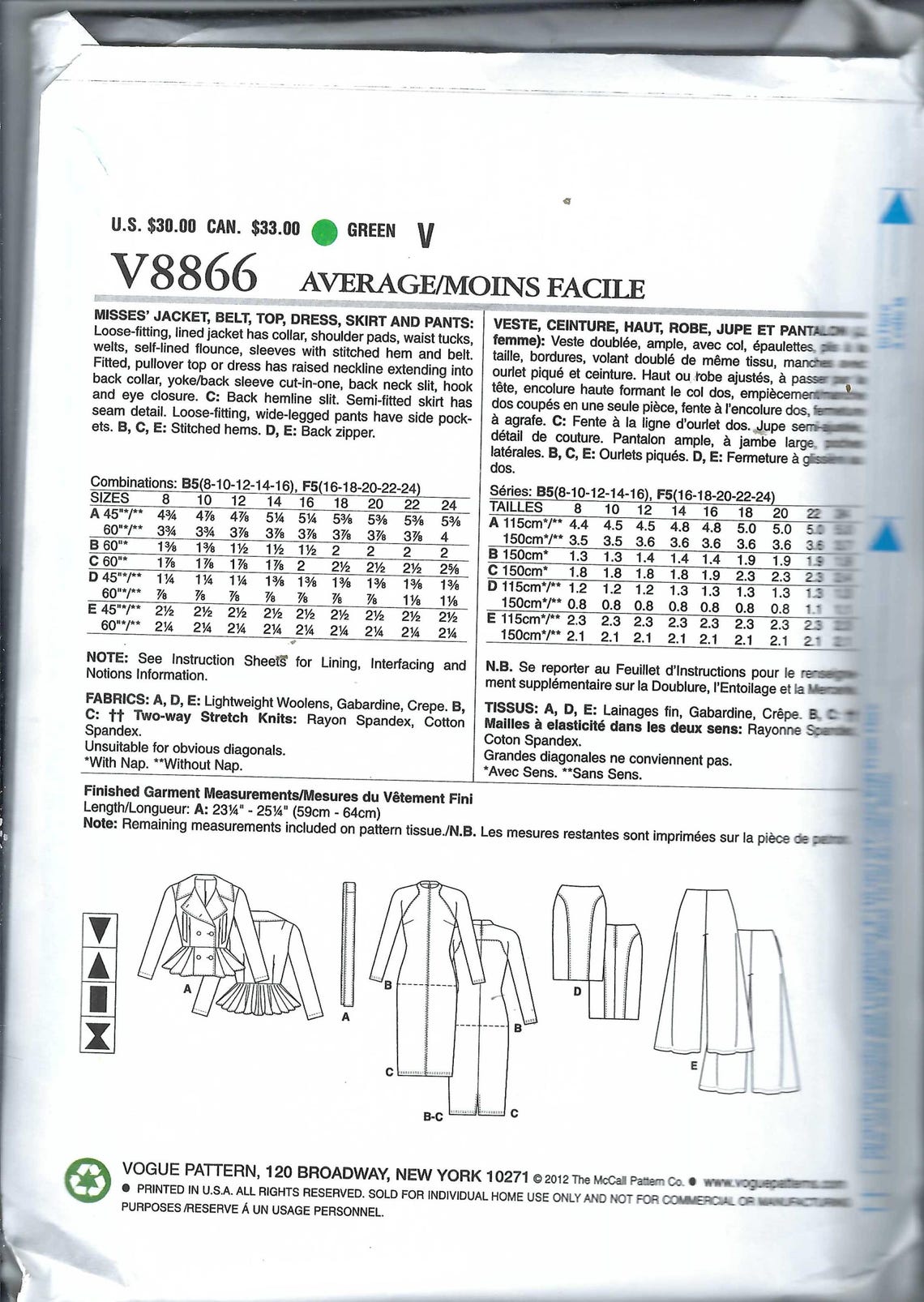 Uncut Vogue Sewing Pattern 8866 Women's Jacket, Top, Dress, Skirt and ...