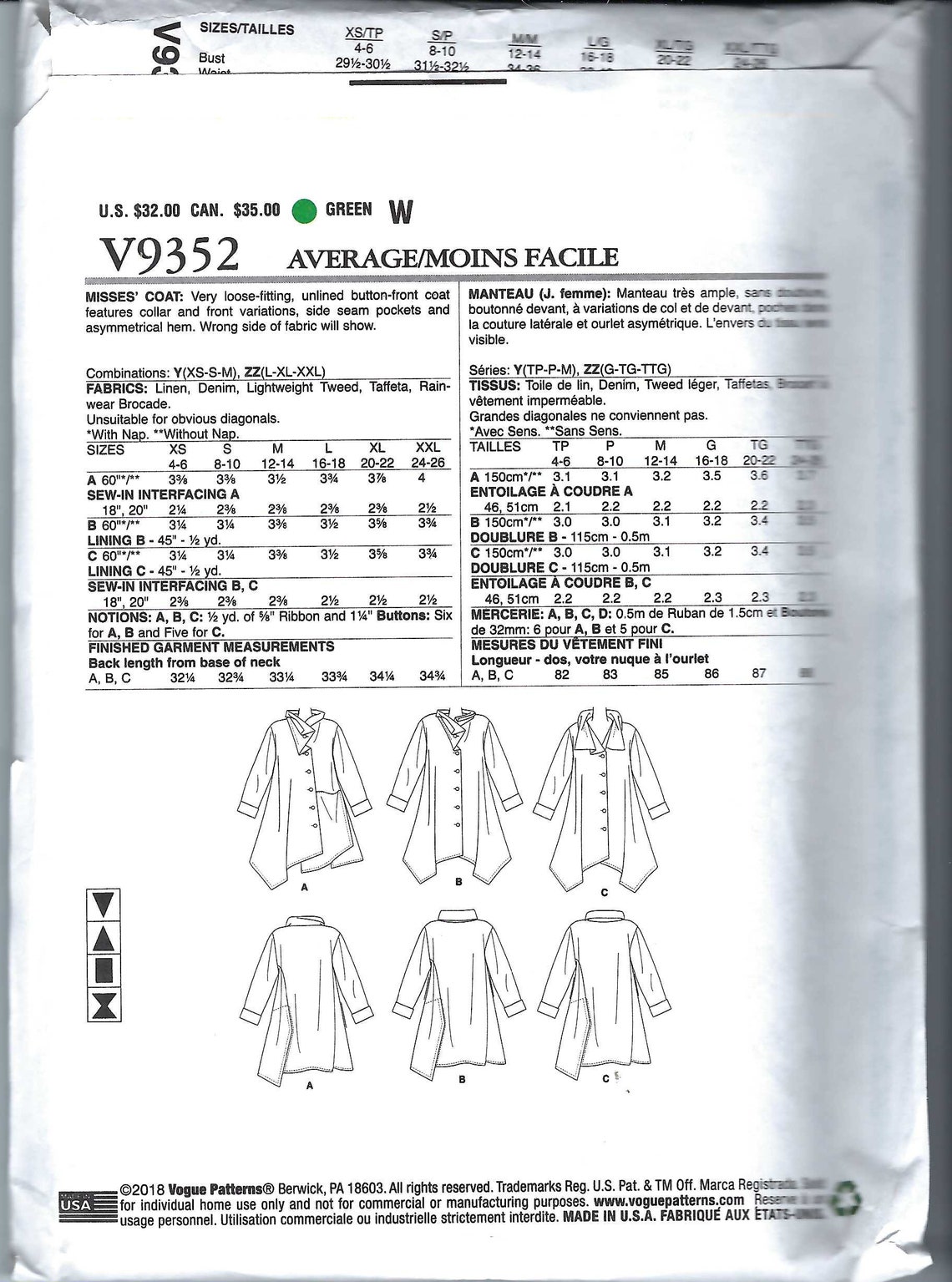 Uncut Vogue Sewing Pattern 9352 Misses' Coat Size Xs-s-m - Etsy