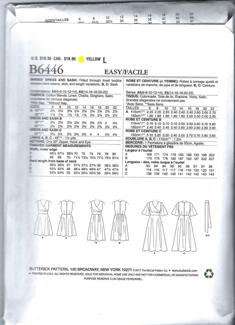Uncut Butterick Sewing Pattern 6446 PATTERN Misses Dress & - Etsy