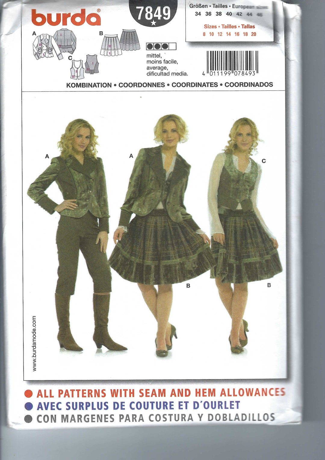 Rare Uncut Burda Sewing Pattern Misses Jacket Skirt Vest Size 8-20 FF ...