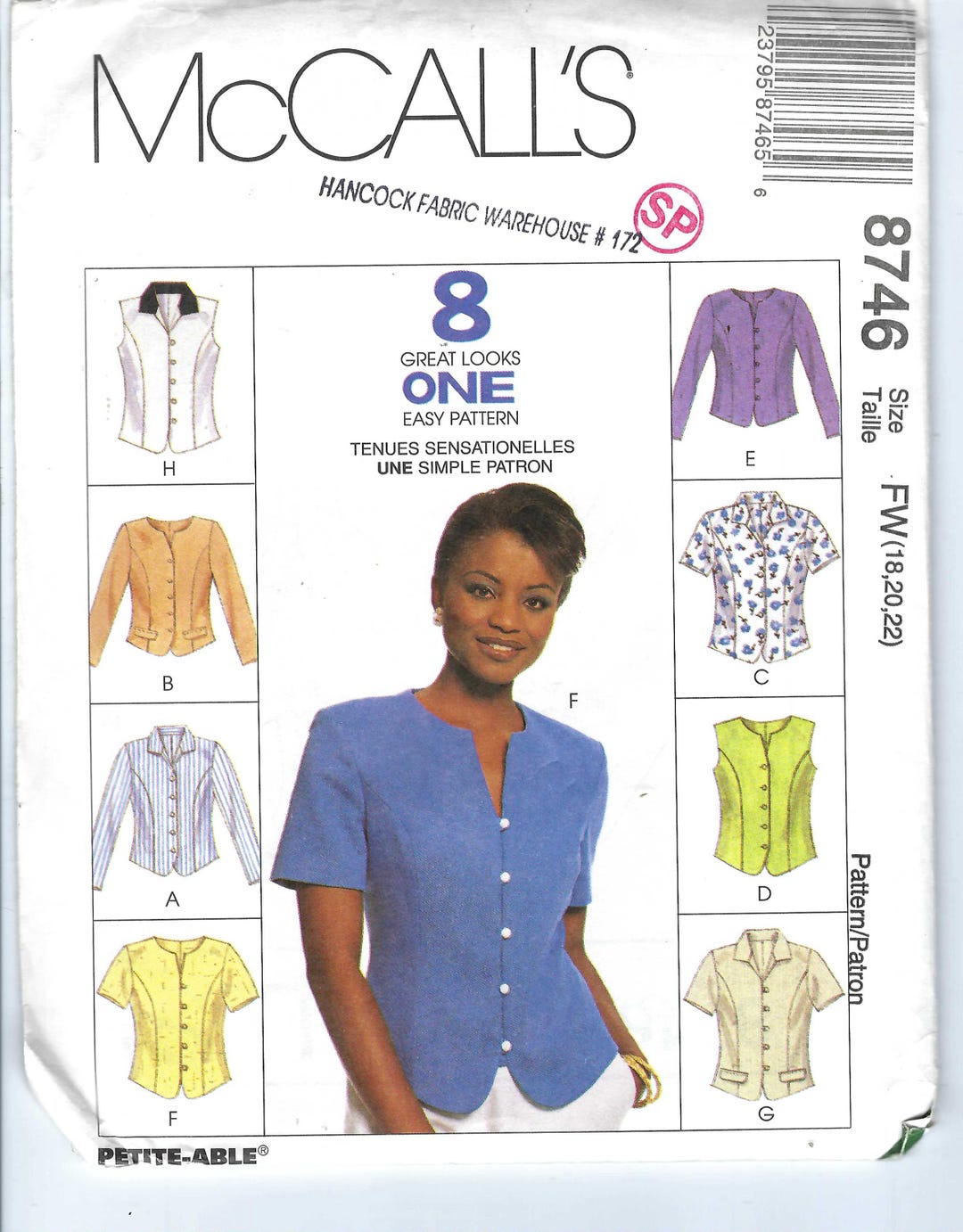 Uncut Vintage Mccalls Sew Sewing Pattern 8746 Misses Semi Fitted Top ...