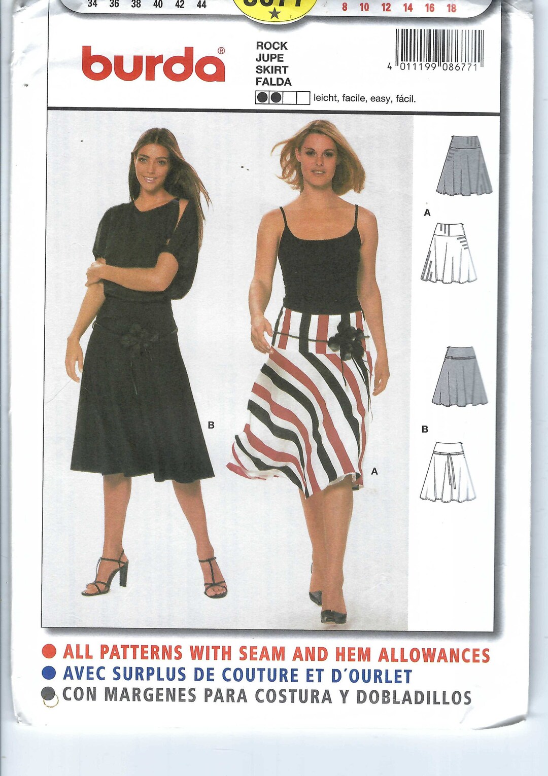 Uncut Vintage Burda Sewing Pattern Misses' Skirts, 2 Variations, Sizes ...