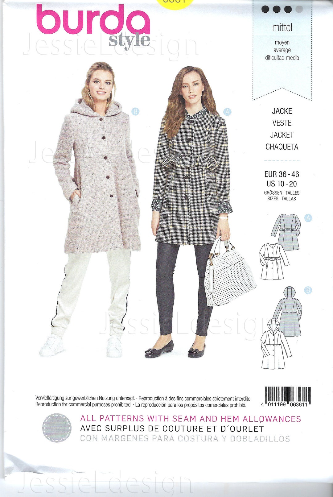 Uncut Burda Sewing Pattern Jacket Coat A-line Coat 6361 Size 10-20 FF ...