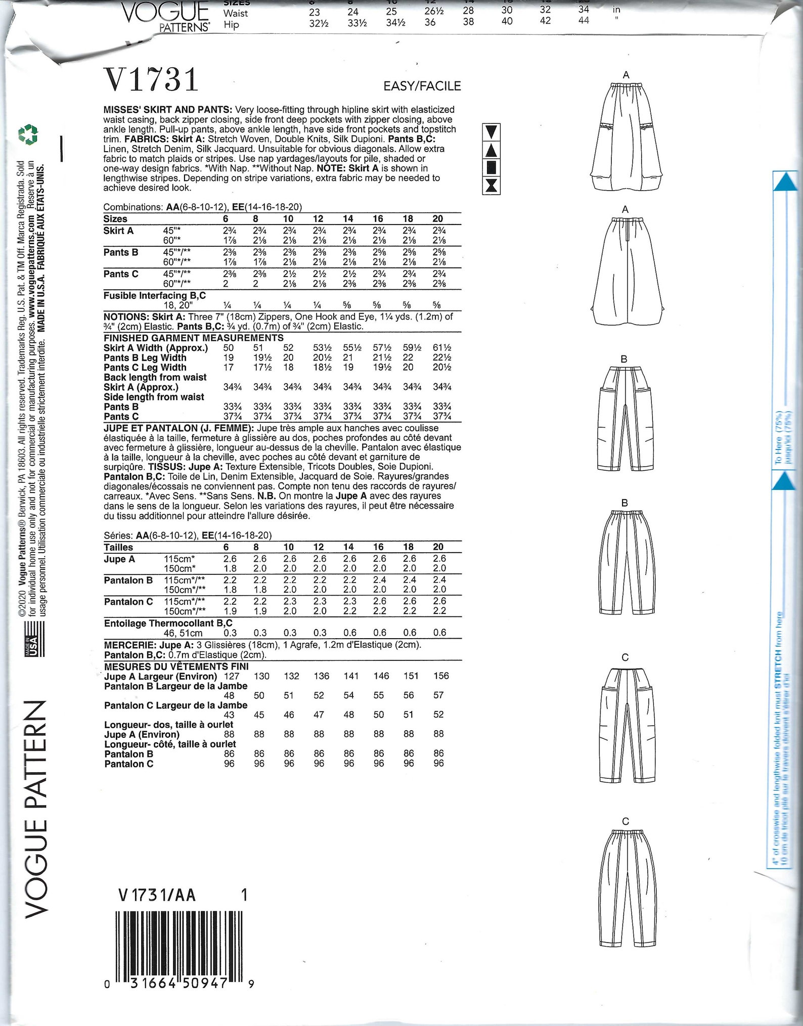 Uncut Vogue Sewing Pattern 1731 - Misses Pants or Skirt Size 6-12 14-20 ...