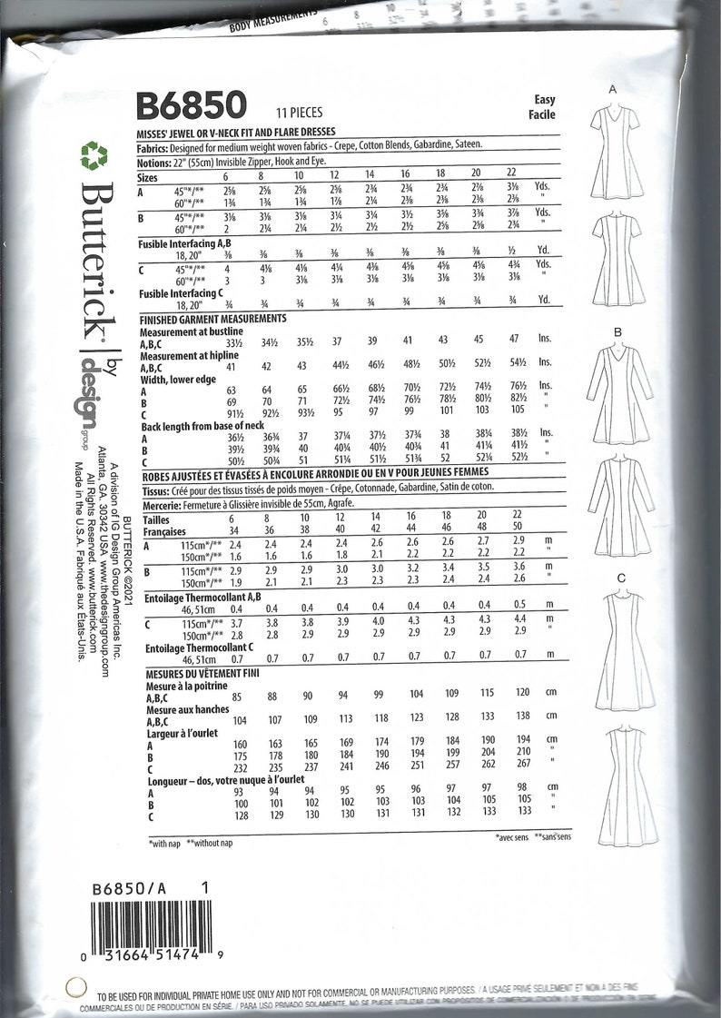 Uncut Butterick Sewing Pattern Women's Dress, Princess Seam Dress ...