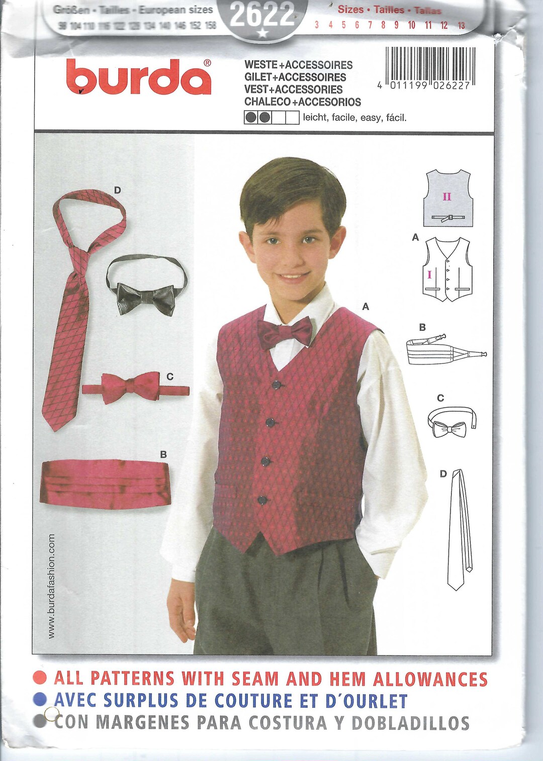 Uncut Vintage Burda Sewing Pattern Boys Burda 2622 Vest and Accessories ...