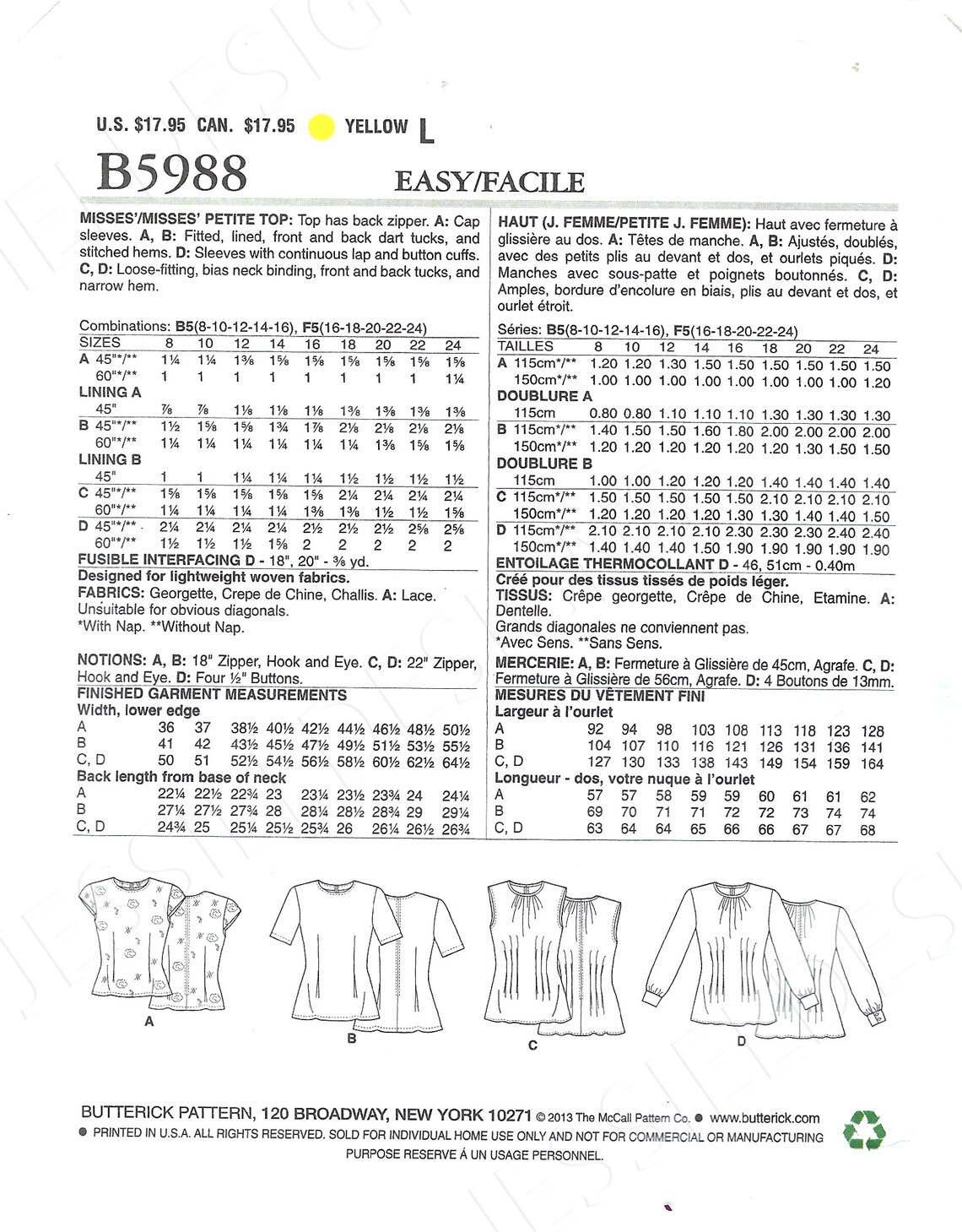 UNCUT Butterick Sewing Pattern 5988 Tucked Tops & Tunics - Etsy