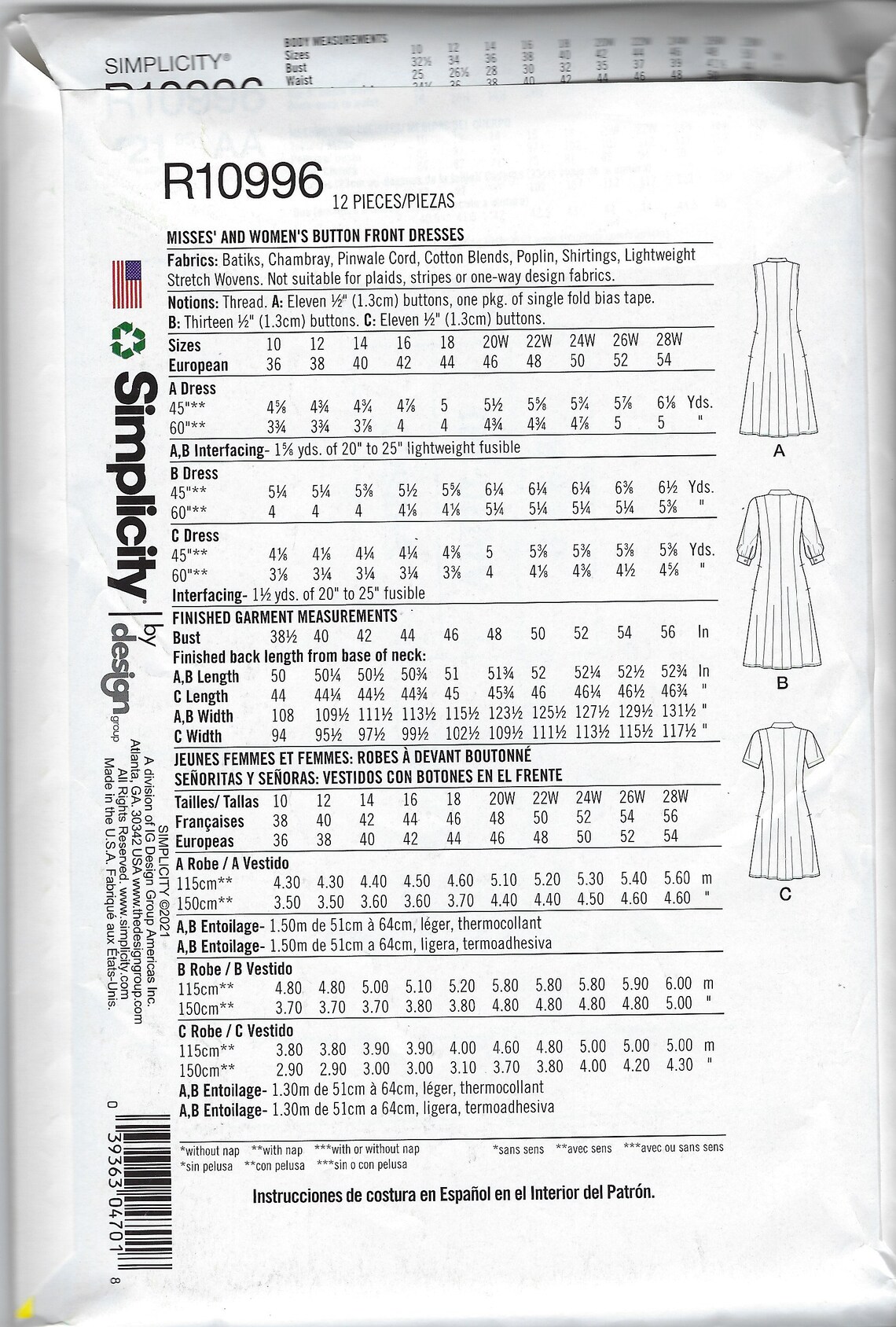 Uncut Simplicity Sewing Pattern 10996 9260 Misses' | Etsy