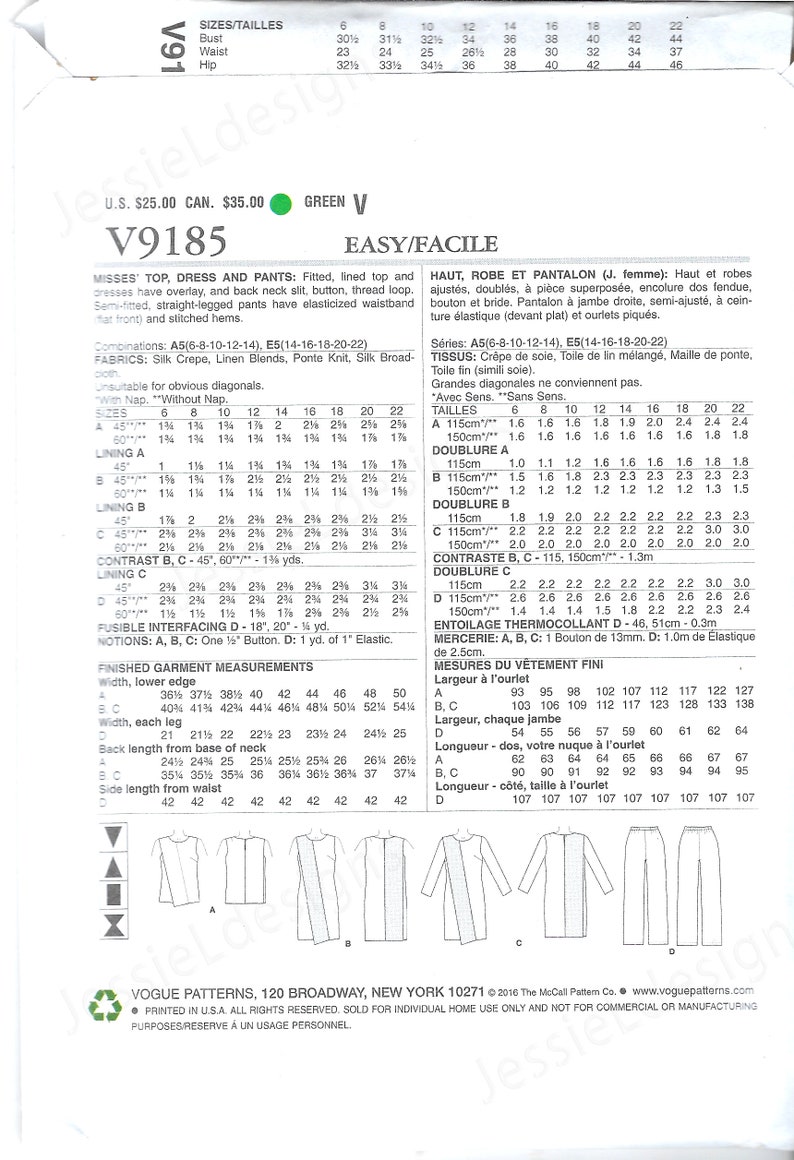 Uncut Vogue Sewing Pattern 9185 Misses Top Dress & Pants - Etsy