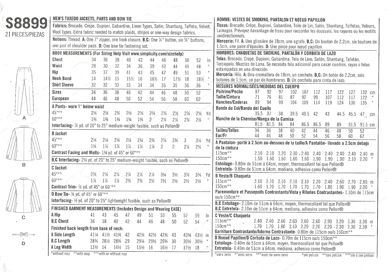 Uncut Simplicity Sewing Pattern 8899 Tuxedo Jackets, Pants and Bow Tie ...