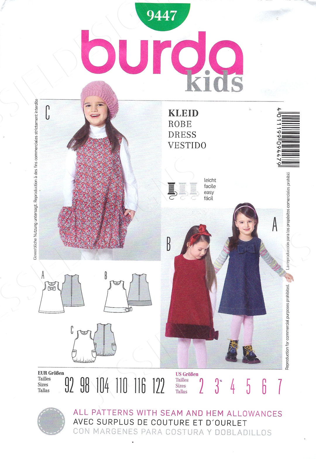 Uncut Burda Sewing Pattern 9447 Girls Easy Dress or Jumper Bubble Size ...