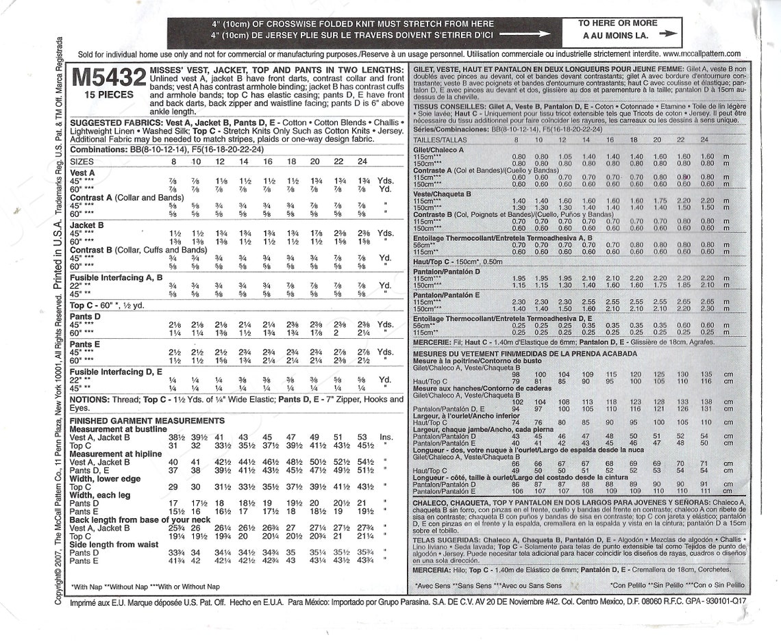 Uncut Mccall's Sewing Pattern 5432 Palmer Classic Fit - Etsy