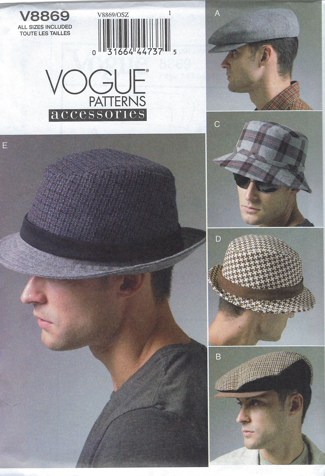 Uncut Vogue Sewing Pattern 8869 Sewing Pattern 5 Mens' Lined Ivy Cap ...
