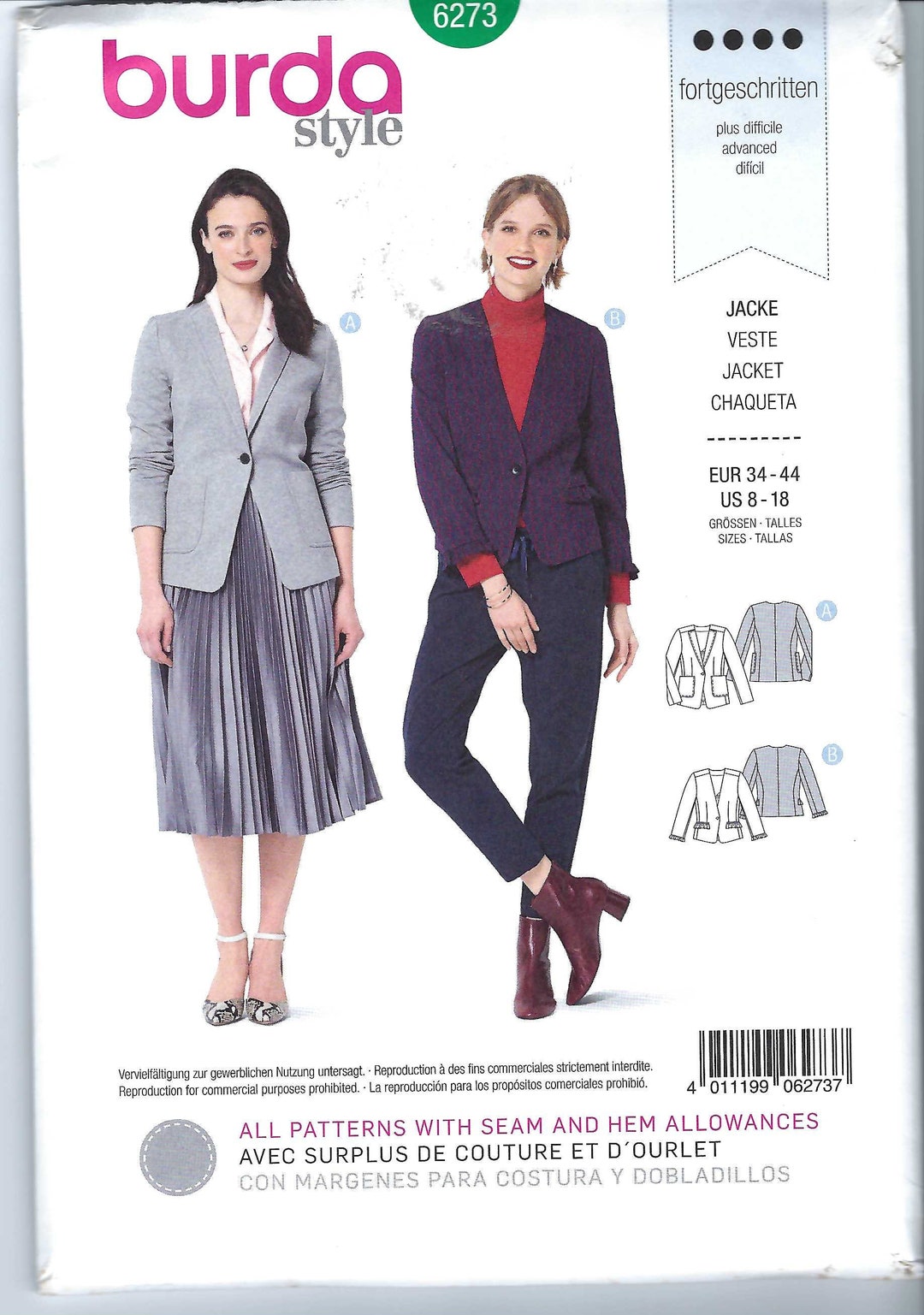 Uncut Burda Sewing Pattern 6273 Jackets Size 8-18 FF - Etsy