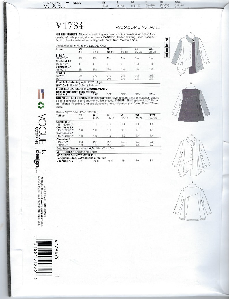 Uncut Vogue Sewing Pattern 1784 Designer Marcy Tilton - Etsy