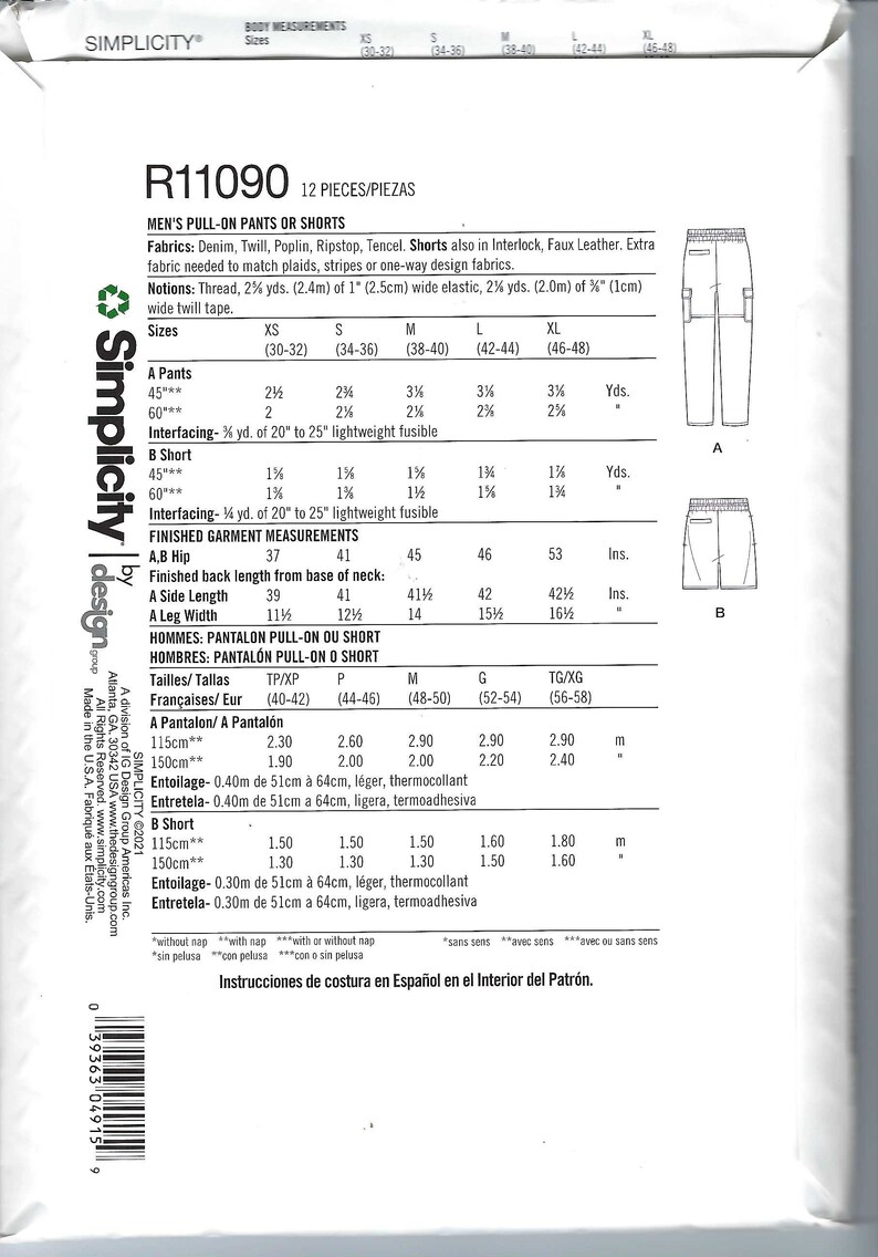 Uncut Simplicity Sewing Pattern 11397 11090 9338 Men's Pull-on Pants or ...