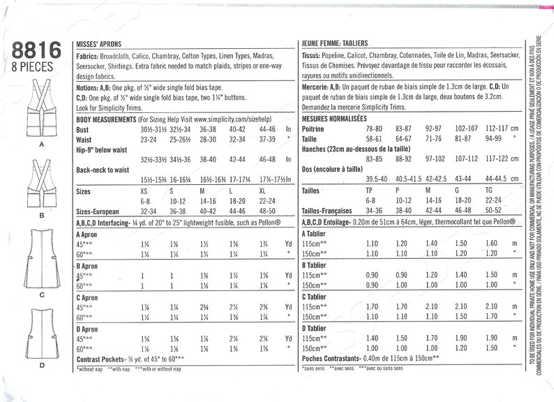 Uncut Simplicity Sewing Pattern 9409 8816 Size XS-XL Apron FF | Etsy