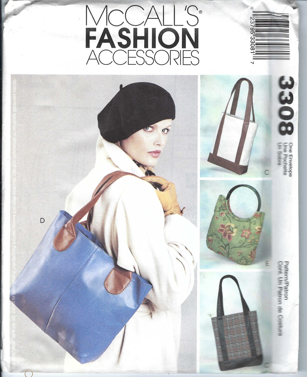 Uncut Mccalls Sewing PATTERN Accessories Pattern 3308, Assorted Totes ...