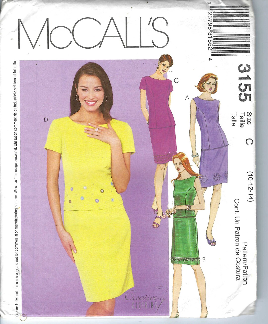 Uncut Mccall Sewing Pattern 3155 Two Piece Dress Womens Size 10-12-14 ...
