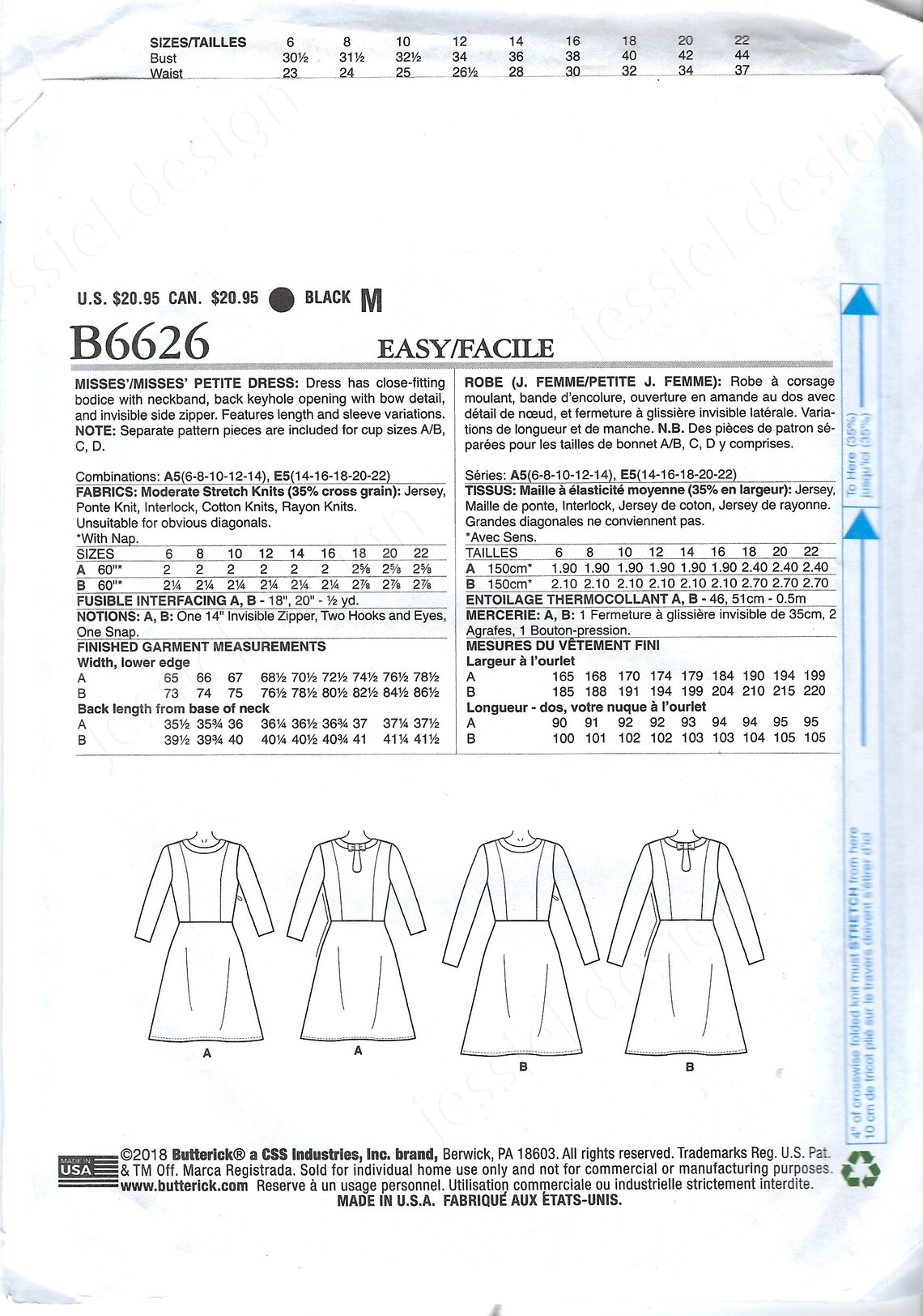 Uncut Butterick Sewing Pattern 6626 Lisette Misses' Petite Dress - Size ...