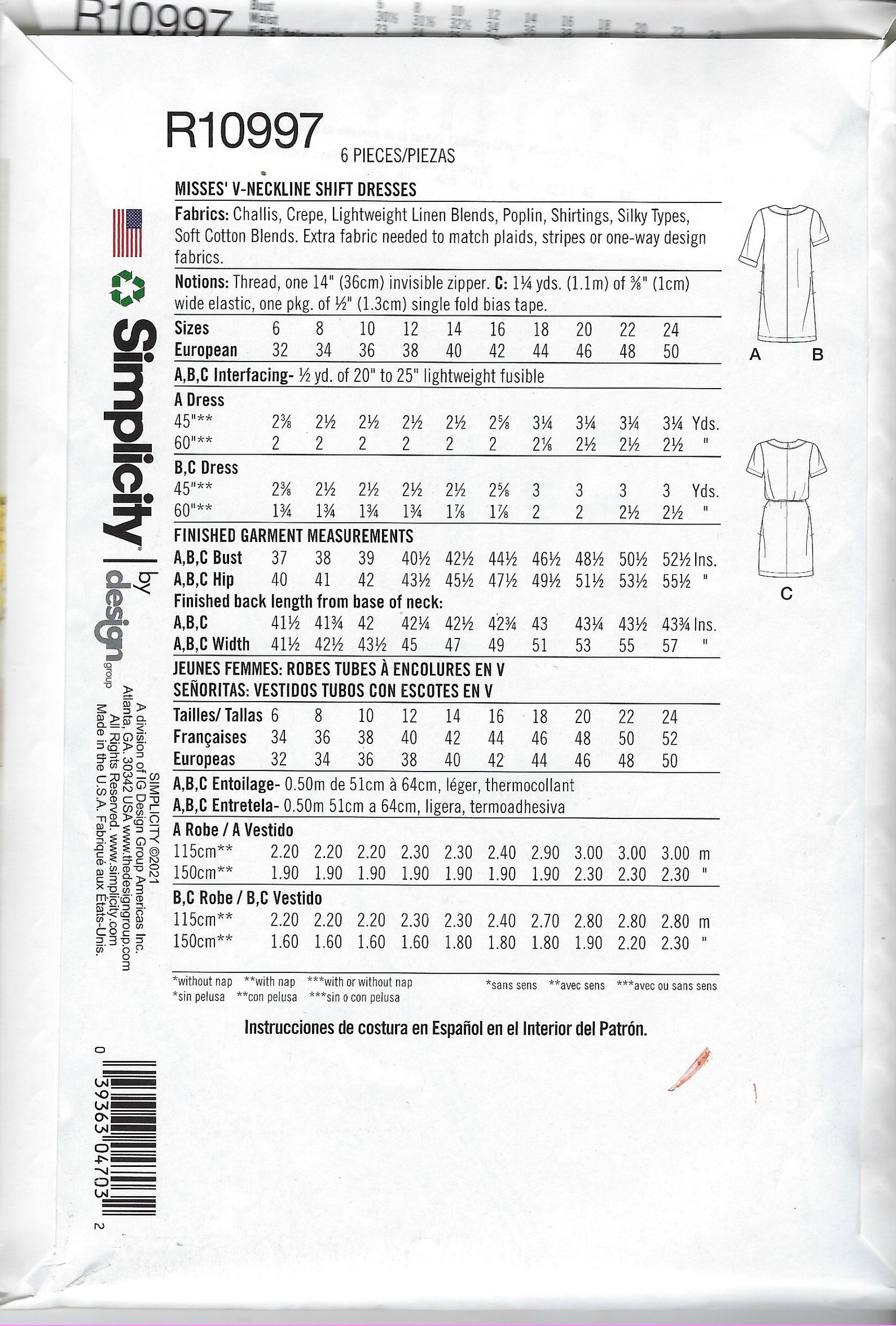 Uncut Simplicity Sewing Pattern 10997 9262 Misses V-neckline - Etsy