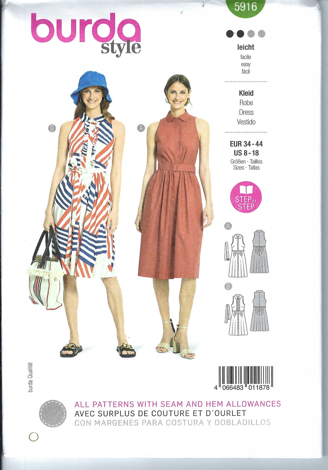 Uncut Burda Sewing Pattern Dress - Open Shoulder and Collar 5916 Size 8 ...