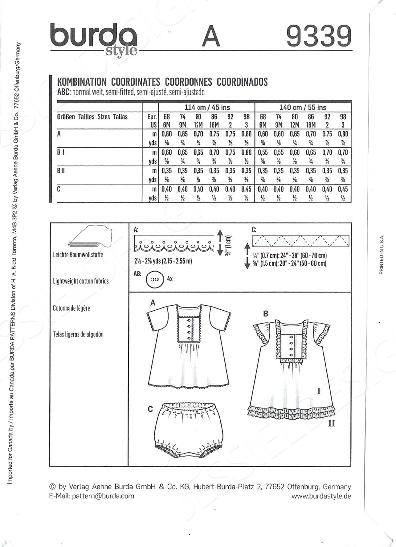 Uncut Burda Style Sewing Pattern 9339 Baby Infant Toddlers - Etsy
