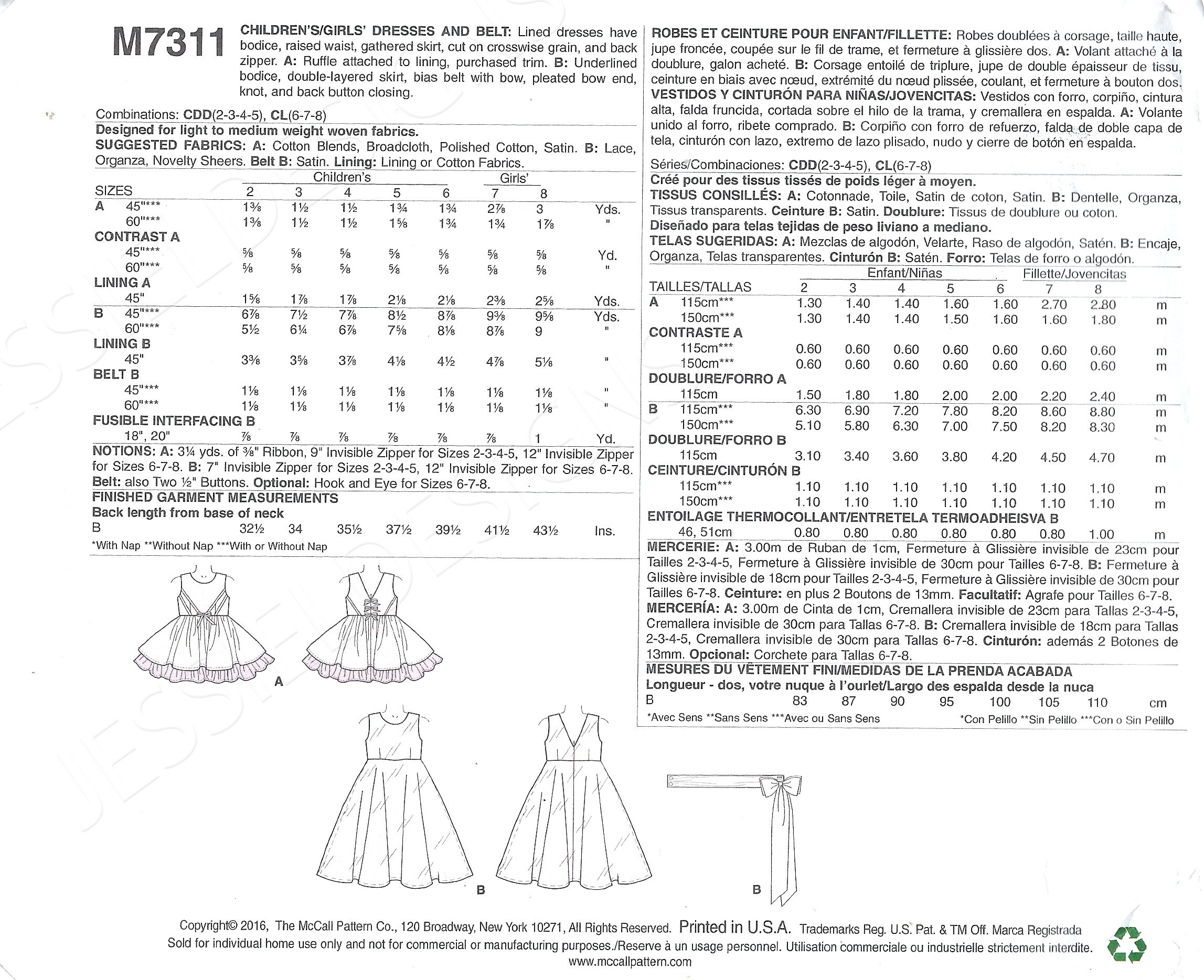 Uncut Mccalls Sewing Pattern 7311 Child's Dress and Belt Size 2-5 6-7-8 ...