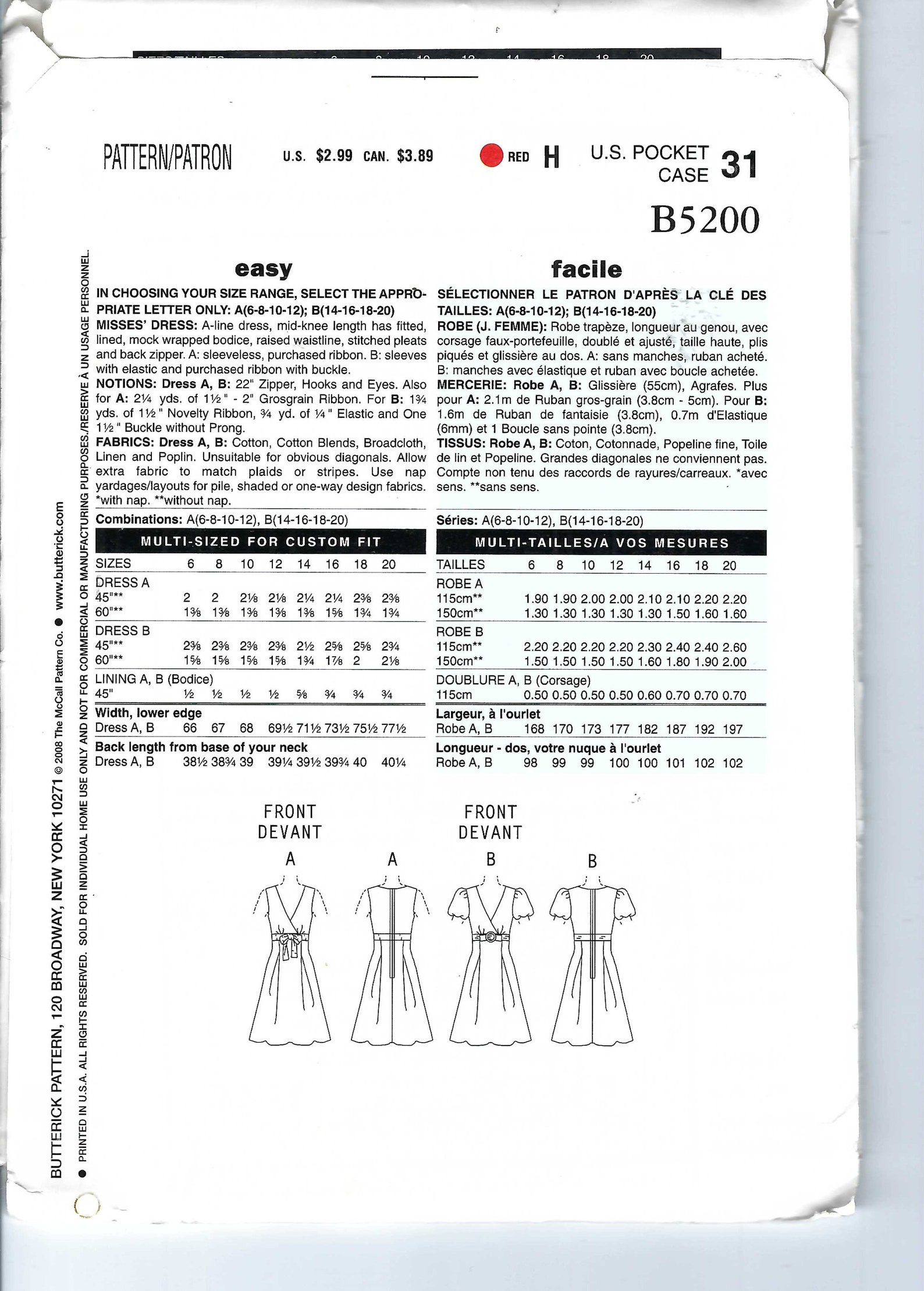 Uncut Butterick Sewing Pattern 5200 Mother of the Bride DRESS SIZE 6-12 ...