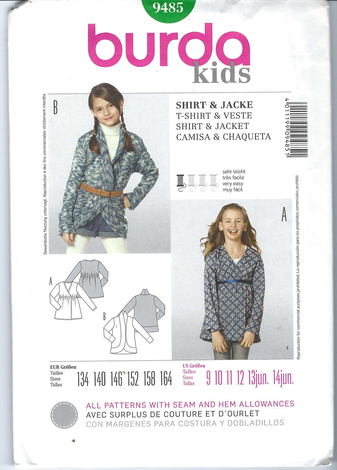 Uncut Burda Style Sewing Pattern Girls Shirt Blouse Top Jacket Coat ...