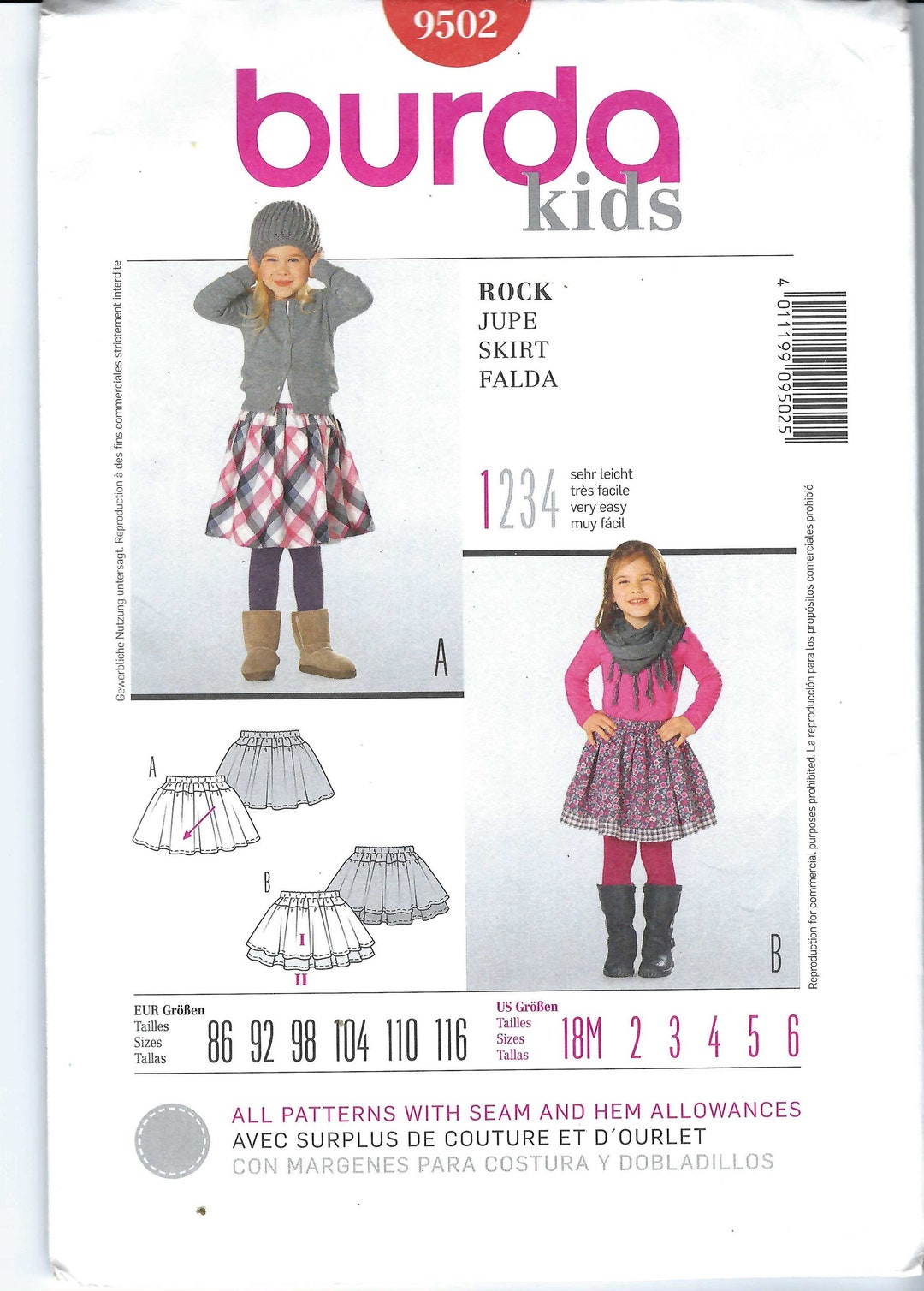 Uncut Burda Style Sewing Pattern 9502 Kids Skirt Skirt Sz 18M 2 3 4 5 6 ...
