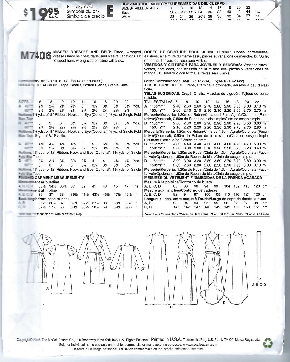 Uncut Mccalls Sew Sewing Pattern 7406 Misses Dresses and Belt Sizes 6-8 ...