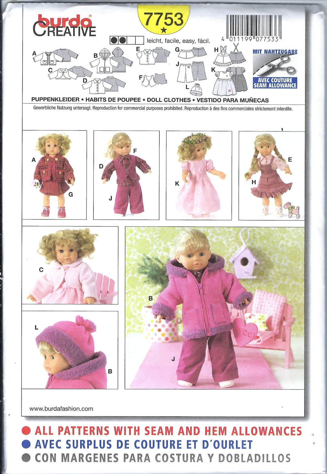 Uncut Burda Sewing Pattern 7753 Doll Clothes - Etsy