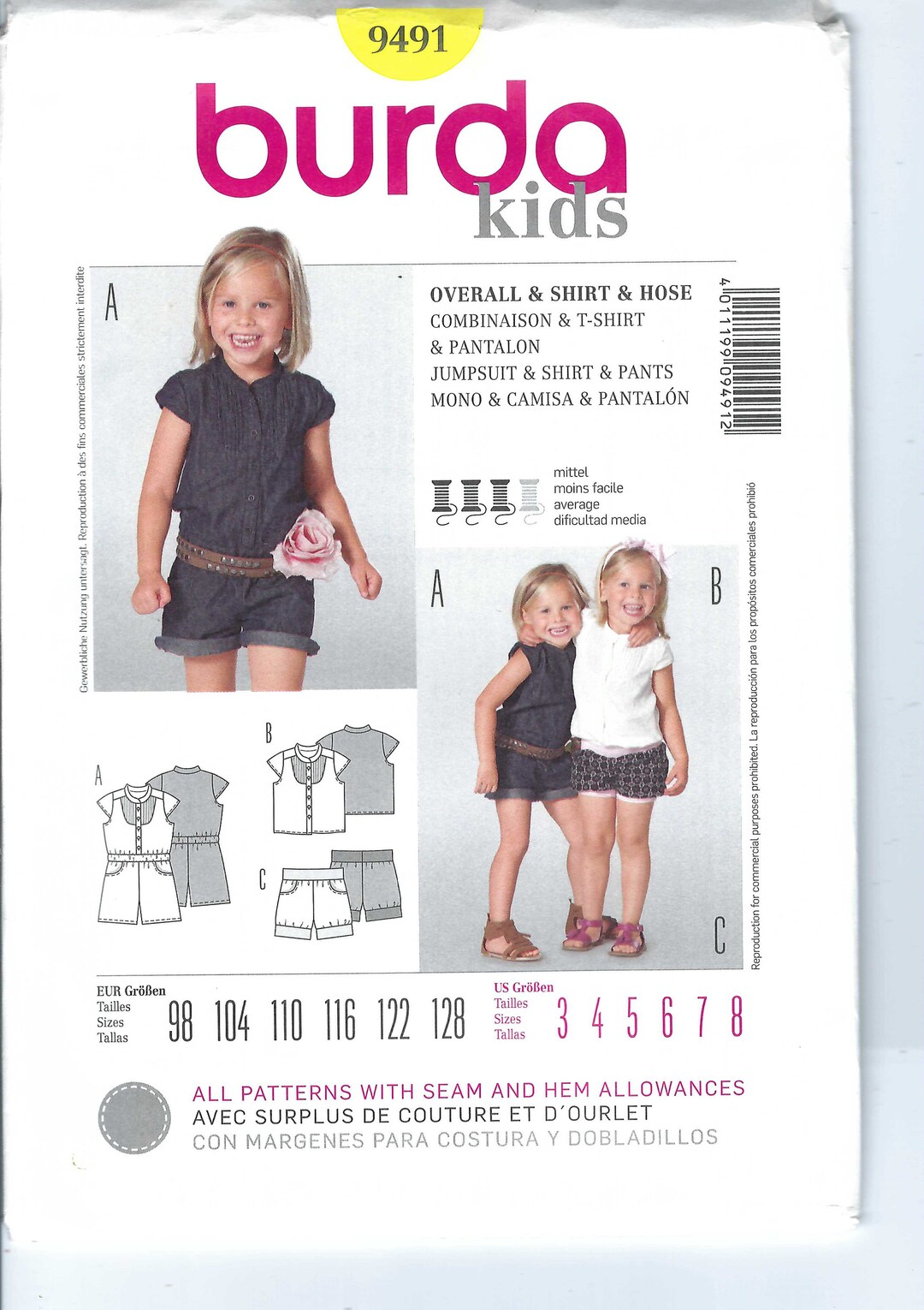 Uncut Burda Sewing Pattern 9491 Toddler Children's Girl's Overalls ...