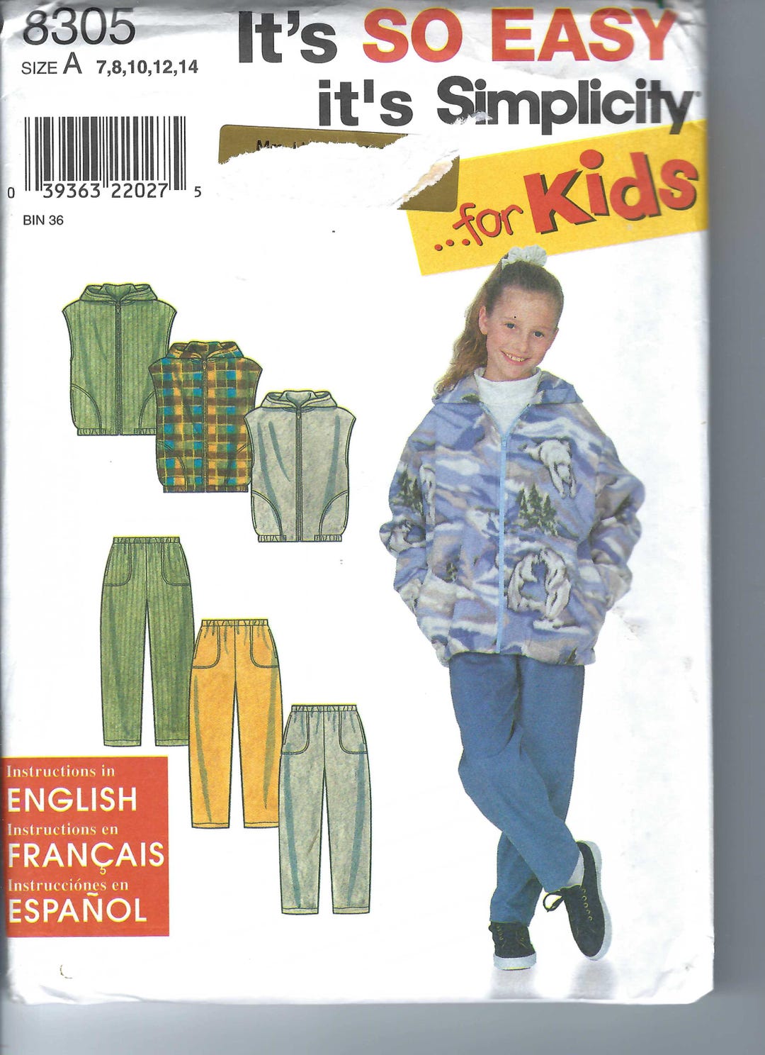 Uncut Vintage Simplicity Sewing Pattern Kids Jacket, Vest & Pants Pattern, No. 8305, Sizes 7-8 ...