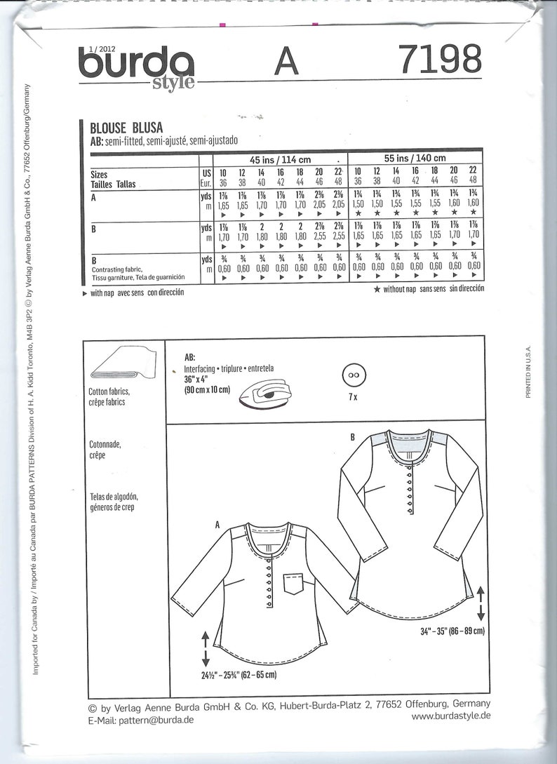 FF Burda Style Sewing Pattern 7198 UNCUT Sizes 10 to 22 Tunic - Etsy